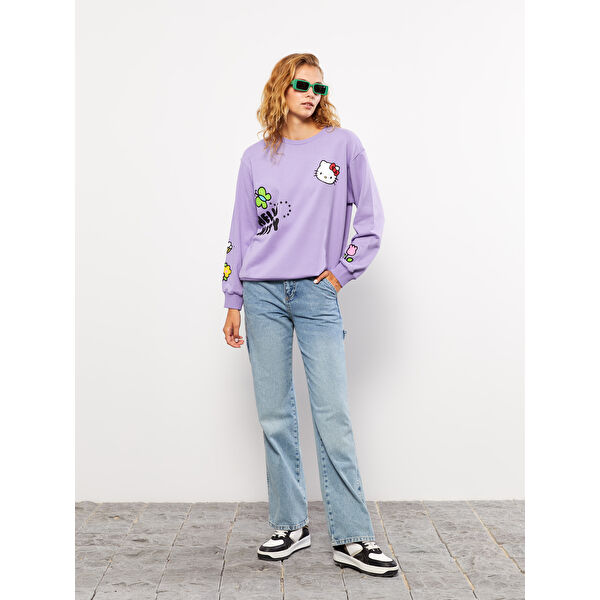 Bisiklet Yaka Hello Kitty Baskılı Uzun Kollu Kadın Sweatshirt Bisiklet Yaka Hello Kitty Baskılı Uzun Kollu Kadın Sweatshirt