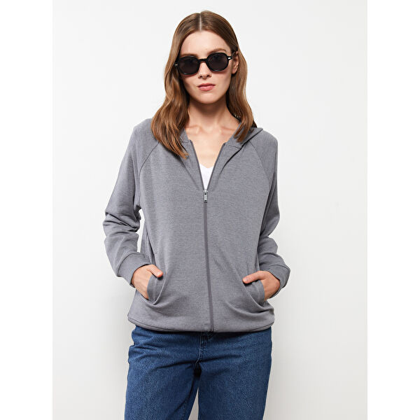 Kapüşonlu Düz Uzun Kollu Kadın Spor Hırka Kapüşonlu Düz Uzun Kollu Kadın Spor Hırka