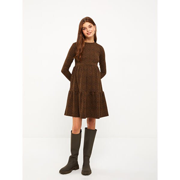 Bisiklet Yaka Desenli Uzun Kollu Hamile Elbise