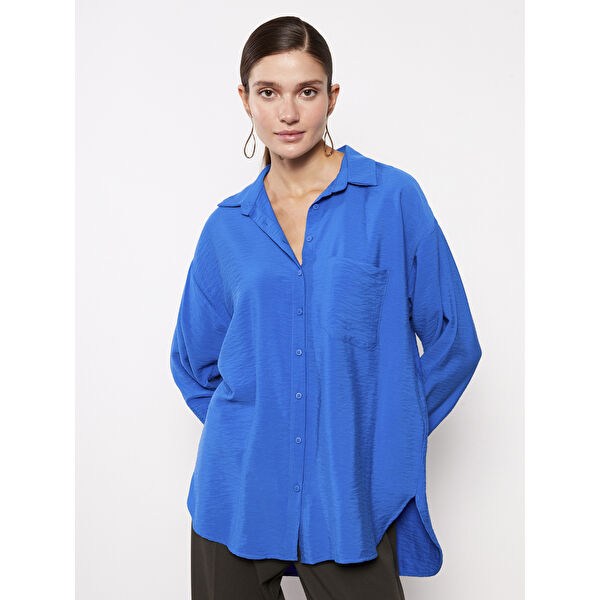 Önden Düğme Kapamalı Düz Uzun Kollu Kadın Gömlek