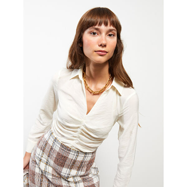 Gömlek Yaka Düz Uzun Kollu Kadın Bluz