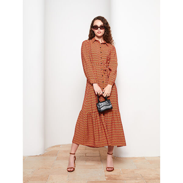 Gömlek Yaka Desenli Uzun Kollu Kadın Elbise