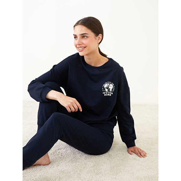 Bisiklet Yaka Baskılı Uzun Kollu Pamuklu Kadın Pijama Takımı