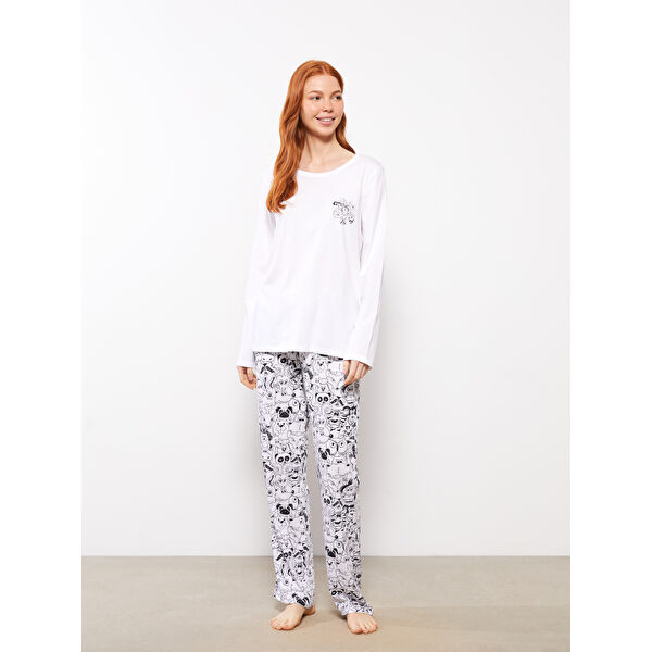 Bisiklet Yaka Baskılı Uzun Kollu Pamuklu Kadın Pijama Takımı