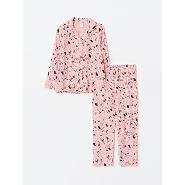 Gömlek Yaka Baskılı Uzun Kollu Kız Çocuk Pijama Takımı