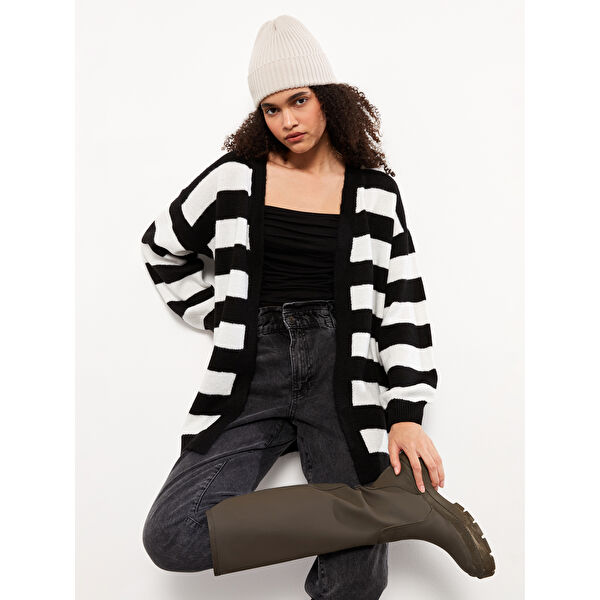 Şal Yaka Renk Bloklu Uzun Kollu Kadın Triko Hırka