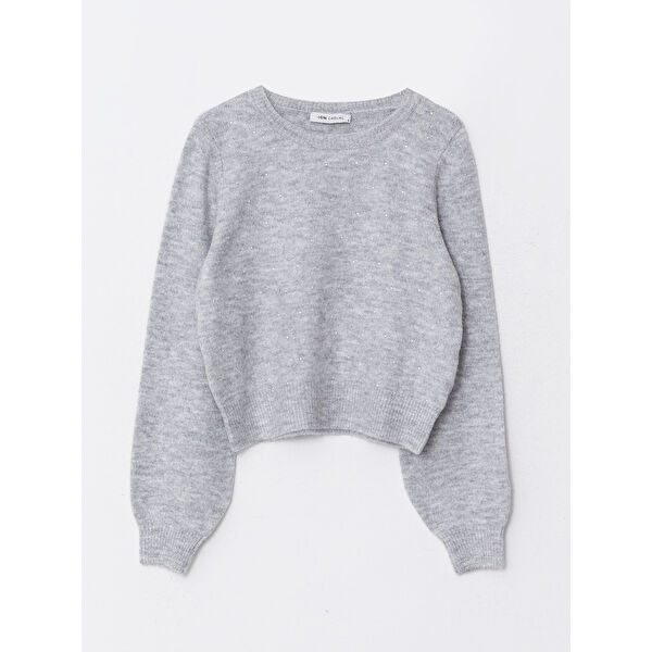 Bisiklet Yaka Taş Baskılı Uzun Kollu Kadın Triko Kazak