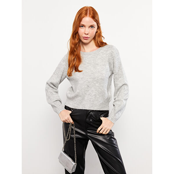 Bisiklet Yaka Taş Baskılı Uzun Kollu Kadın Triko Kazak