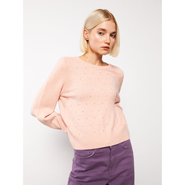 Bisiklet Yaka Taş Baskılı Uzun Kollu Kadın Triko Kazak