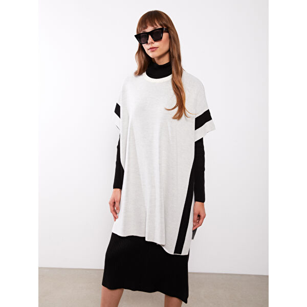 Bisiklet Yaka Renk Bloklu Kadın Panço