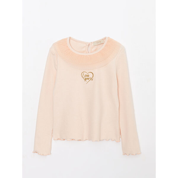 Bisiklet Yaka Nakışlı Uzun Kollu Kız Çocuk Tişört