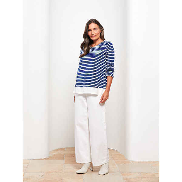 Bisiklet Yaka Çizgili Uzun Kollu Pamuklu Kadın Tişört
