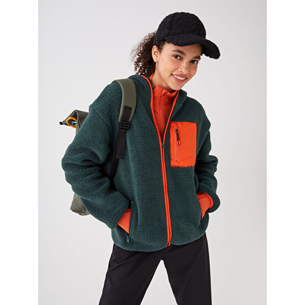 Kapüşonlu Renk Bloklu Uzun Kollu Kadın Hırka