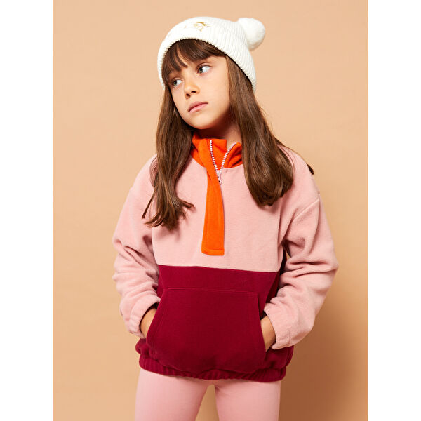 Dik Yaka Renk Bloklu Uzun Kollu Polar Kız Çocuk Sweatshirt Dik Yaka Renk Bloklu Uzun Kollu Polar Kız Çocuk Sweatshirt