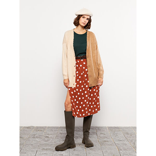 V Yaka Renk Bloklu Uzun Kollu Kadın Triko Hırka