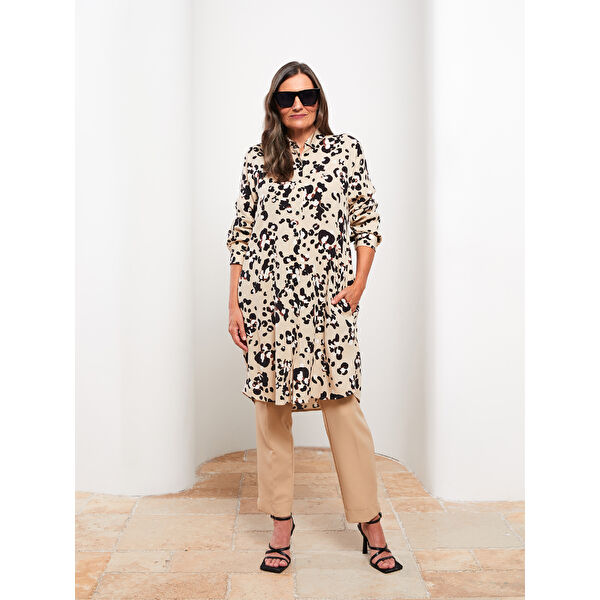 Gömlek Yaka Desenli Uzun Kollu Viskon Kadın Tunik