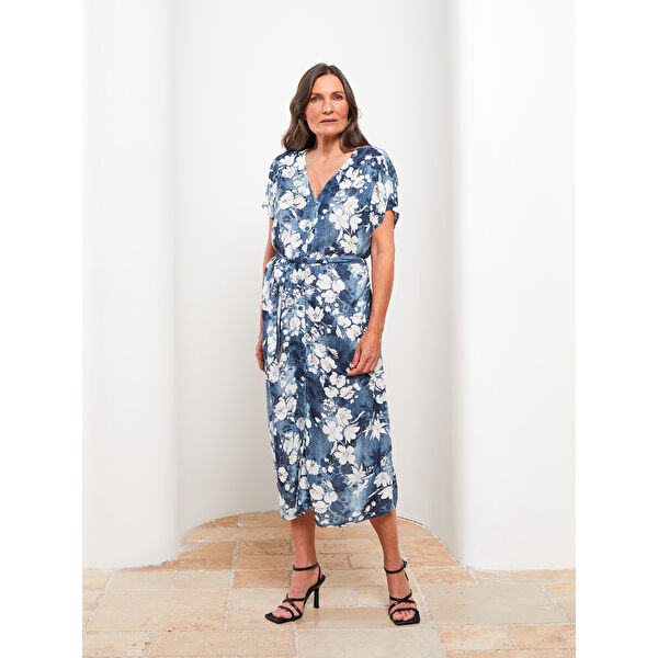 V Yaka Çiçekli Kısa Kollu Poplin Kadın Elbise V Yaka Çiçekli Kısa Kollu Poplin Kadın Elbise