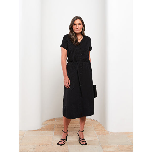 V Yaka Desenli Kısa Kollu Poplin Kadın Elbise V Yaka Desenli Kısa Kollu Poplin Kadın Elbise