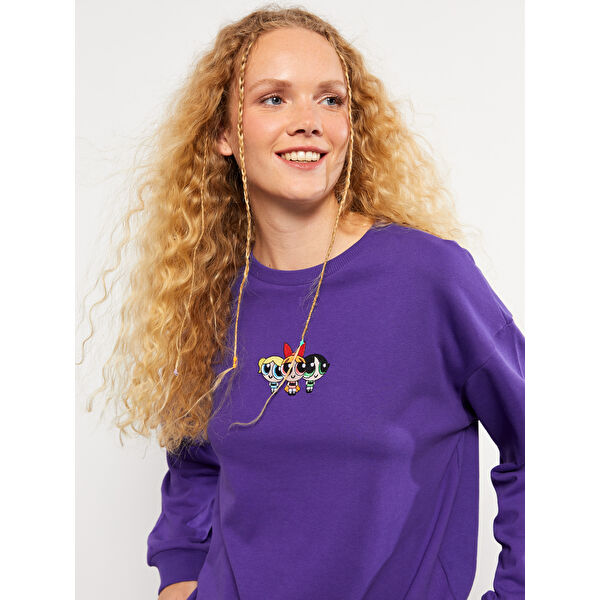 Bisiklet Yaka PowerPuff Girl Baskılı Uzun Kollu Kadın Sweatshirt Bisiklet Yaka PowerPuff Girl Baskılı Uzun Kollu Kadın Sweatshirt