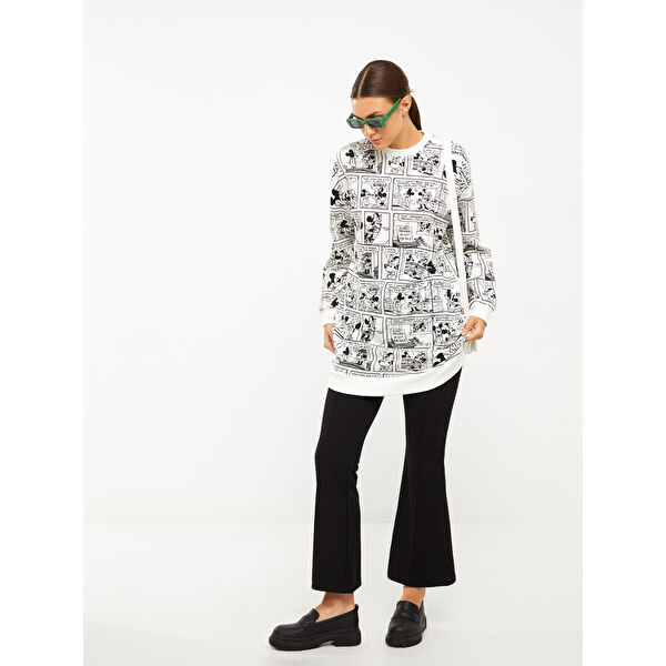 Bisiklet Yaka Mickey Mouse Baskılı Uzun Kollu Oversize Kadın Tunik