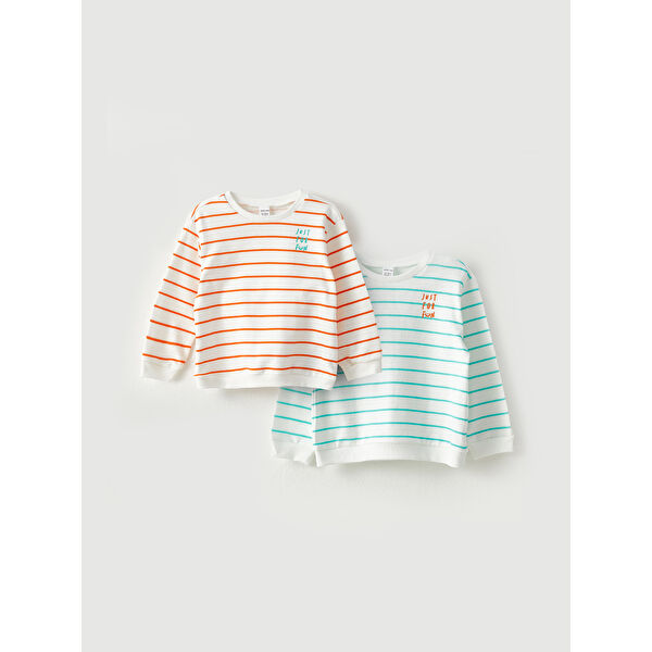 Bisiklet Yaka Uzun Kollu Çizgili Kız Bebek Sweatshirt 2'li