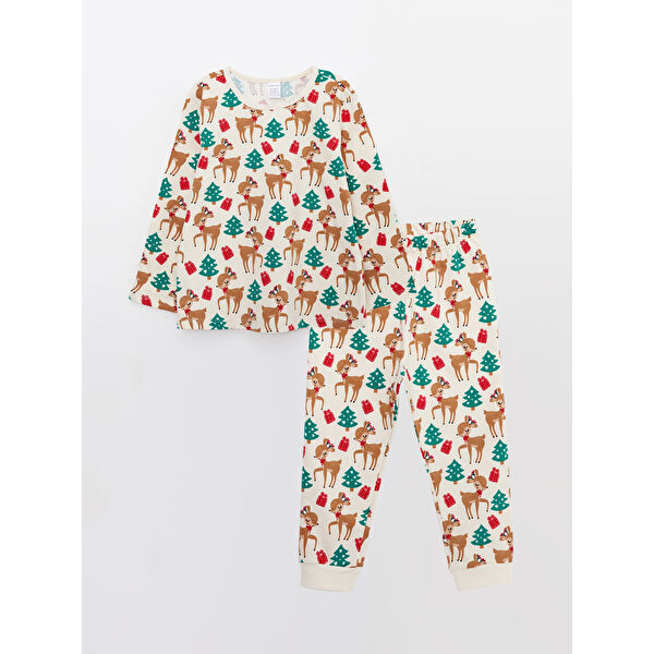 Bisiklet Yaka Uzun Kollu Yılbaşı Temalı Kız Bebek Pijama Takımı
