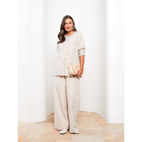 Bisiklet Yaka Çizgili Uzun Kollu Kadın Tişört