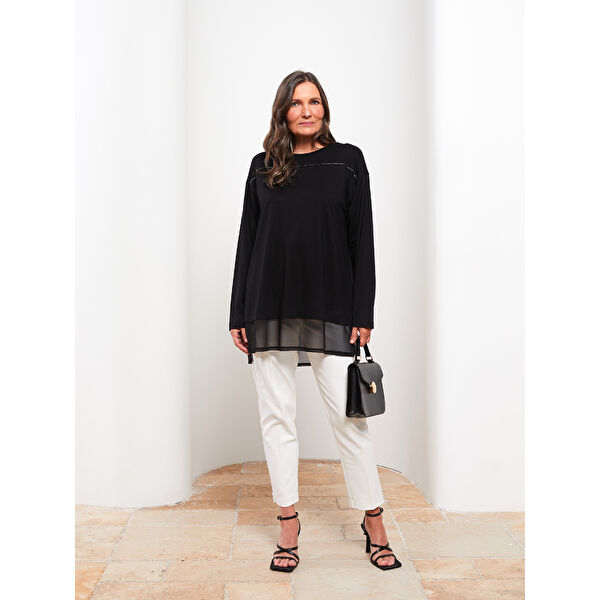 Bisiklet Yaka Baskılı Uzun Kollu Kadın Tunik