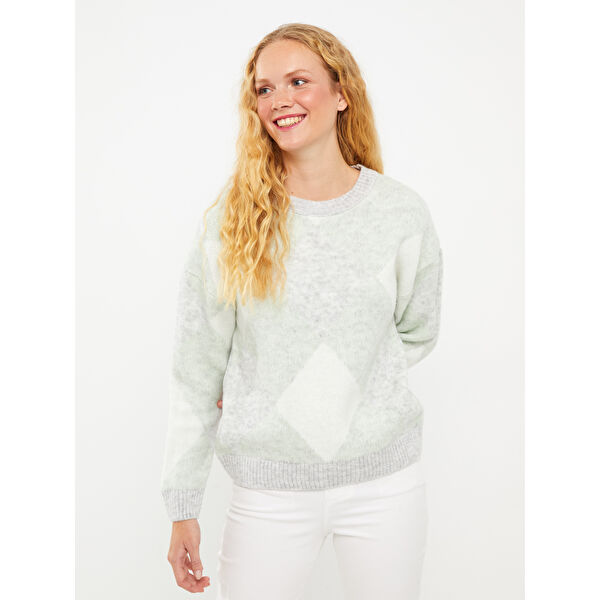 Bisiklet Yaka Desenli Uzun Kollu Kadın Triko Kazak