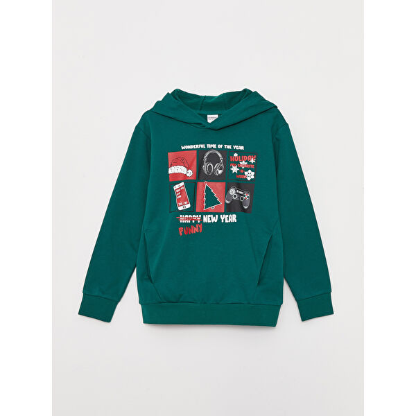 Kapüşonlu Yılbaşı Temalı Uzun Kollu Erkek Çocuk Sweatshirt