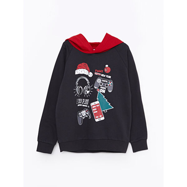 Kapüşonlu Yılbaşı Temalı Uzun Kollu Erkek Çocuk Sweatshirt