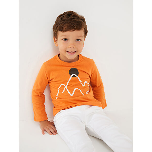 Bisiklet Yaka Uzun Kollu Baskılı Pamuklu Erkek Bebek Tişört