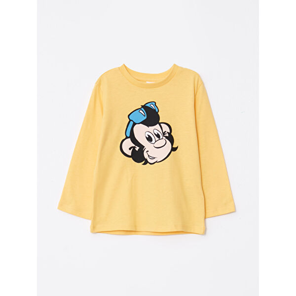 Bisiklet Yaka Uzun Kollu Nostaljik Maymun Baskılı Pamuklu Erkek Bebek Tişört