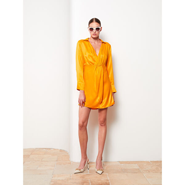 Gömlek Yaka Düz Uzun Kollu Saten Kadın Elbise