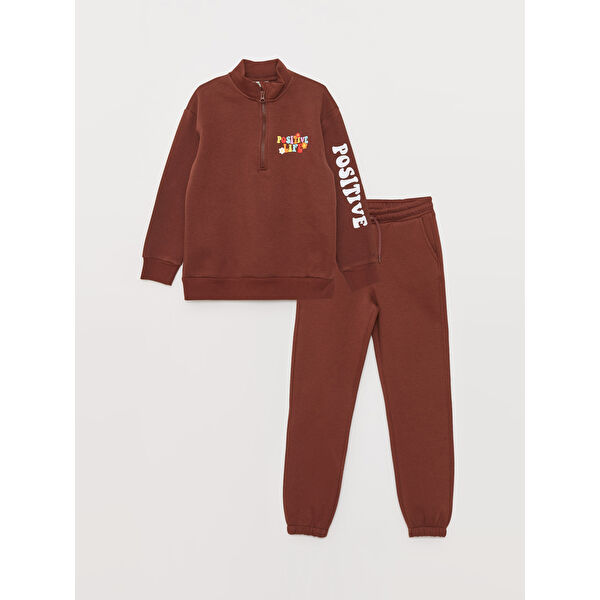 Dik Yaka Baskılı Uzun Kollu Kız Çocuk Sweatshirt ve Eşofman Altı Dik Yaka Baskılı Uzun Kollu Kız Çocuk Sweatshirt ve Eşofman Altı