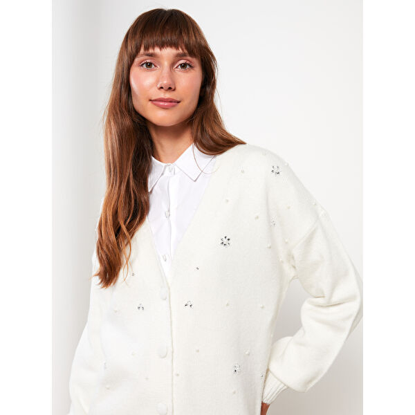 V Yaka Nakışlı Uzun Kollu Kadın Triko Hırka