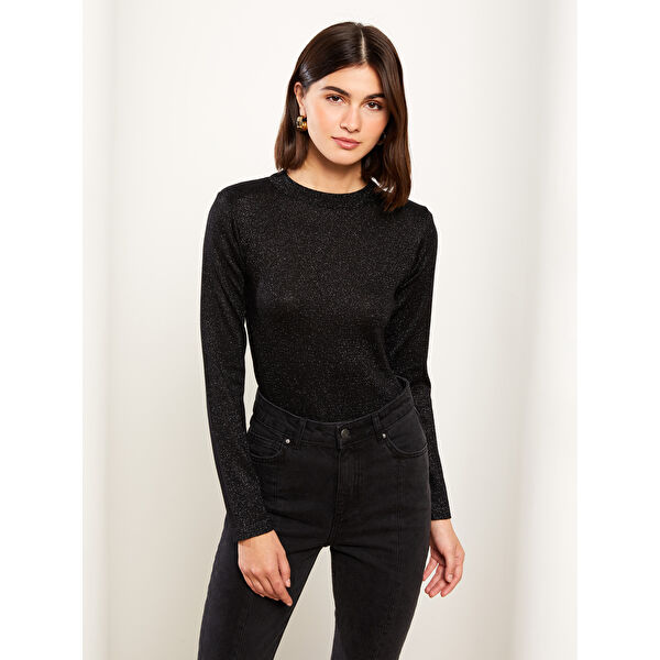 Bisiklet Yaka Sim Baskılı Uzun Kollu Kadın Triko Kazak