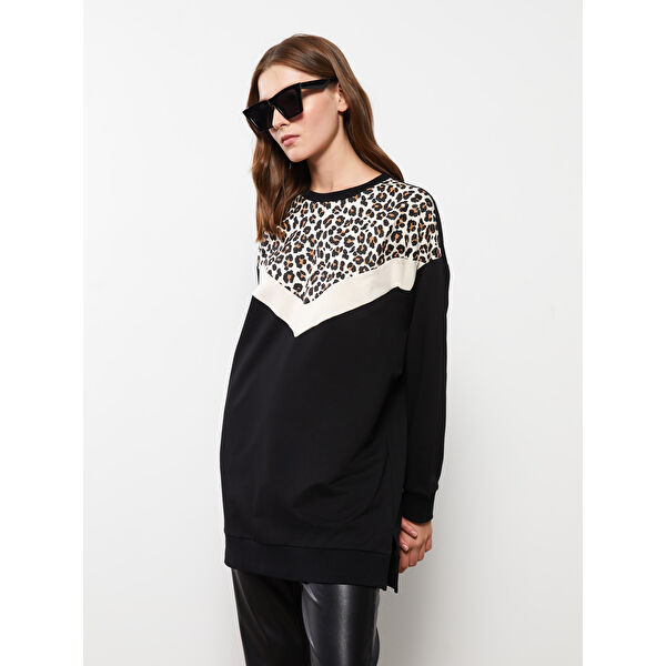 Bisiklet Yaka Desenli Uzun Kollu Oversize Kadın Tunik