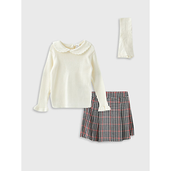 Bebe Yaka Uzun Kollu Ekose Desenli Kız Bebek 3'lü Takım