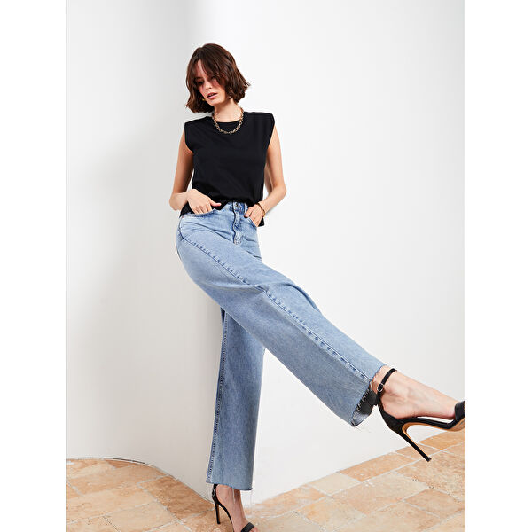 Yüksek Bel Standart Fit Düz Geniş Paça Kadın Rodeo Jean Pantolon