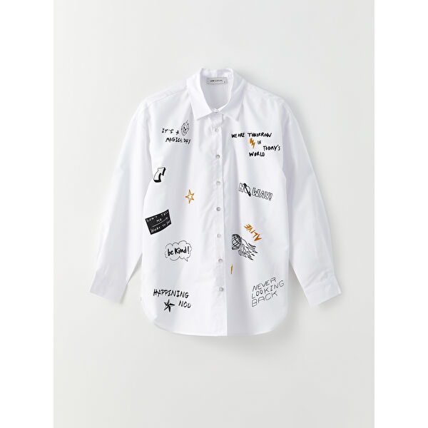 Önden Düğme Kapamalı Baskılı Uzun Kollu Poplin Kadın Gömlek Önden Düğme Kapamalı Baskılı Uzun Kollu Poplin Kadın Gömlek