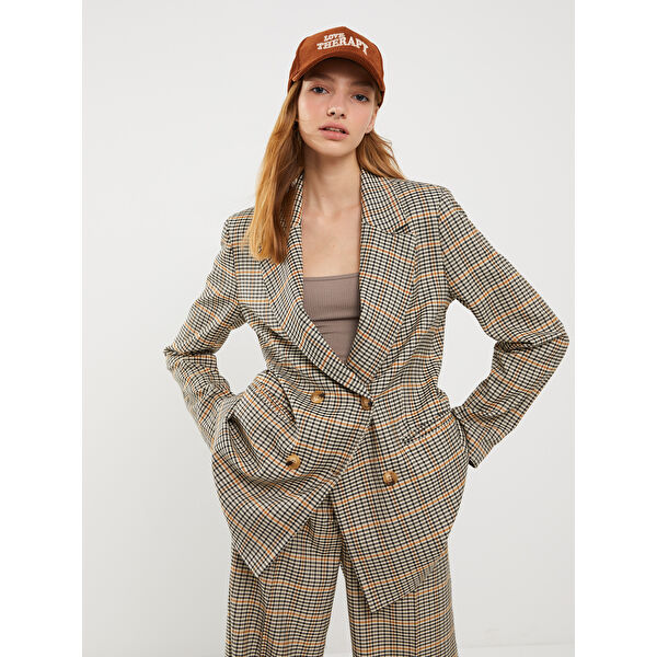 Kruvaze Yaka Ekose Uzun Kollu Kadın Blazer Ceket Kruvaze Yaka Ekose Uzun Kollu Kadın Blazer Ceket