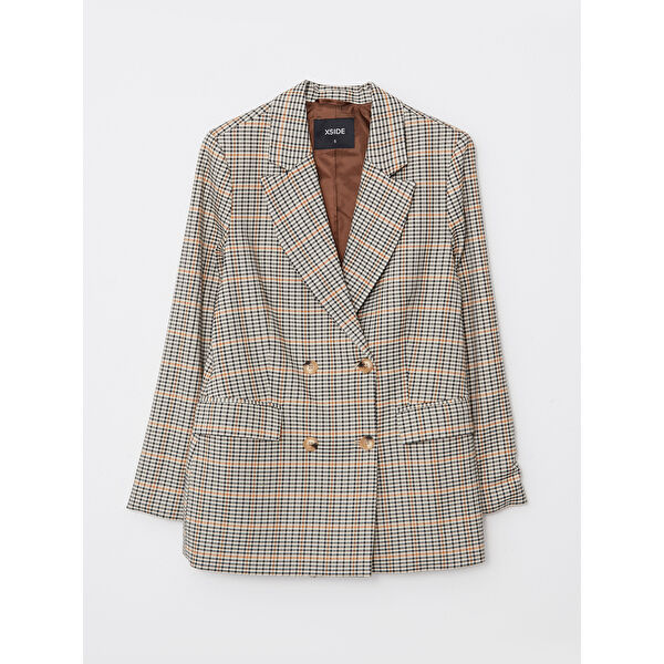 Kruvaze Yaka Ekose Uzun Kollu Kadın Blazer Ceket Kruvaze Yaka Ekose Uzun Kollu Kadın Blazer Ceket