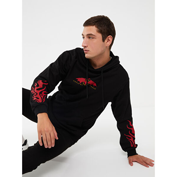 Kapüşonlu Uzun Kollu House of the Dragon Baskılı Erkek Sweatshirt Kapüşonlu Uzun Kollu House of the Dragon Baskılı Erkek Sweatshirt