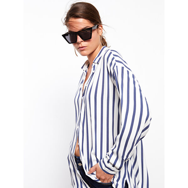 Çizgili Uzun Kollu Viskon Kadın Gömlek