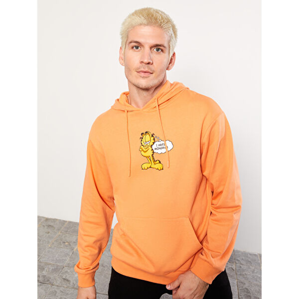 Kapüşonlu Uzun Kollu Garfield Baskılı Erkek Sweatshirt