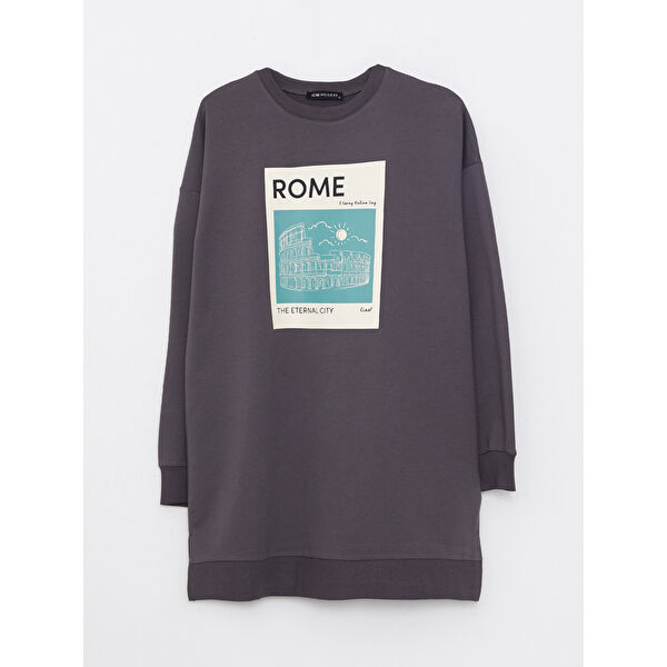 Bisiklet Yaka Baskılı Uzun Kollu Oversize Kadın Tunik