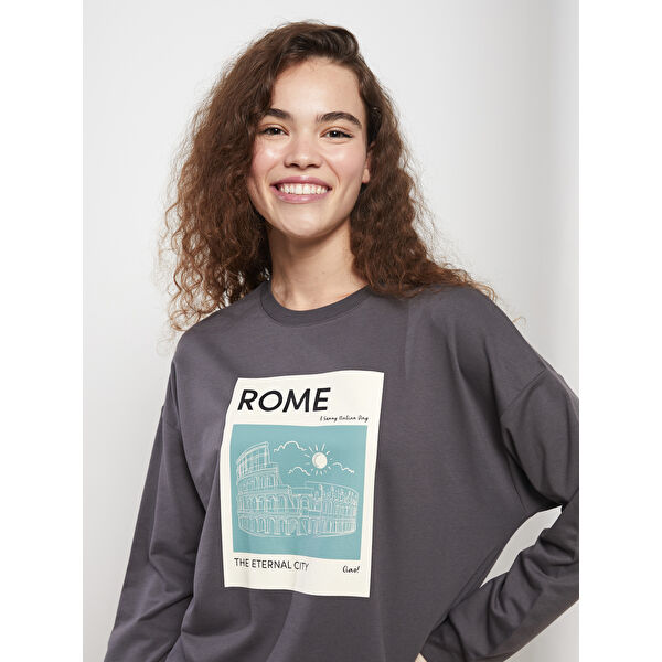 Bisiklet Yaka Baskılı Uzun Kollu Oversize Kadın Tunik