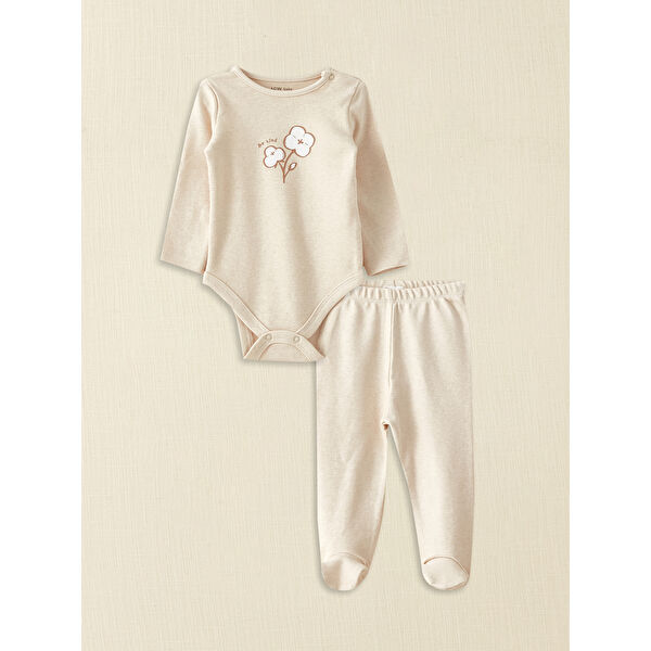 Bisiklet Yaka Uzun Kollu Baskılı Organik Pamuklu Kız Bebek Çıtçıtlı Body ve Pantolon 2'li Takım