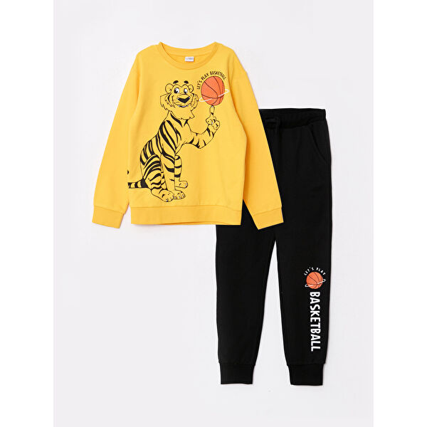 Bisiklet Yaka Baskılı Uzun Kollu Erkek Çocuk Sweatshirt ve Eşofman Altı